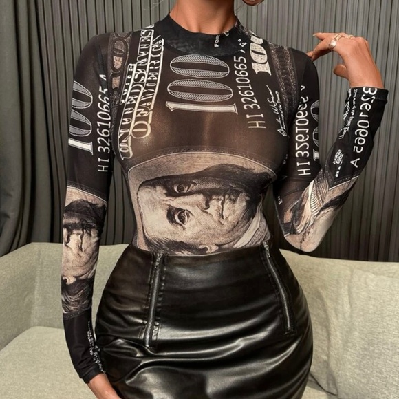 Tops | Sexy Mock Neck Money Print Bodysuit | Poshmark